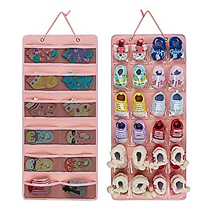 HUHYNN Baby Shoe Organizer for 12 Pairs of Boys Girls Baby Shoes, Double Sided Baby Shoe Organizer with Multiple Pockets(No Accessories Included) (Pink)