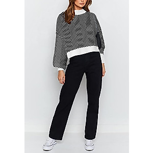 Women's 2024 Fall Sweaters Trendy Long Sleeve Knitted Tops Side Slit Crew Neck Oversized Cropped Sweaters Pullover Jumper(L.Line Black)