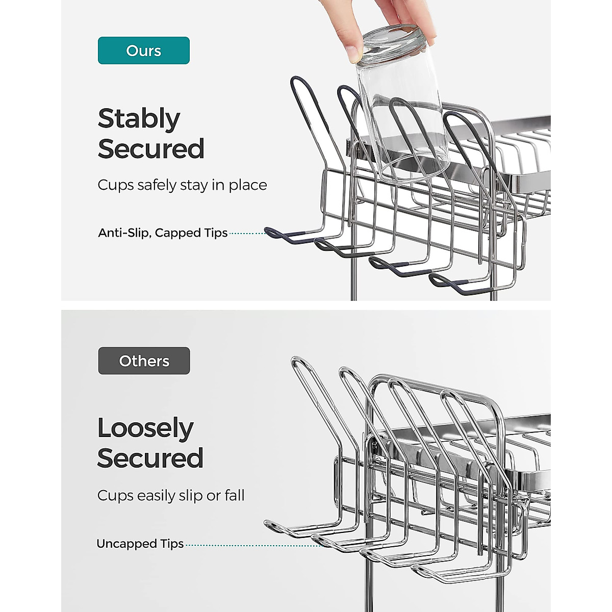 SONGMICS Dish Drying Rack - 2 Tier Dish Rack for Kitchen Counter with Rotatable and Extendable Drain Spout, Dish Drainer with Utensil, Cup, Glass, Cutting Board Holders, Black UKCS032B01