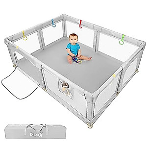 Dripex Baby Playpen, 79"×59" Play Pens for Babies and Toddlers, Safe Anti-Fall Play Yard with Gates, Baby Fence with Breathable Mesh, Indoor & Outdoor Kids Activity Center, Ash Grey