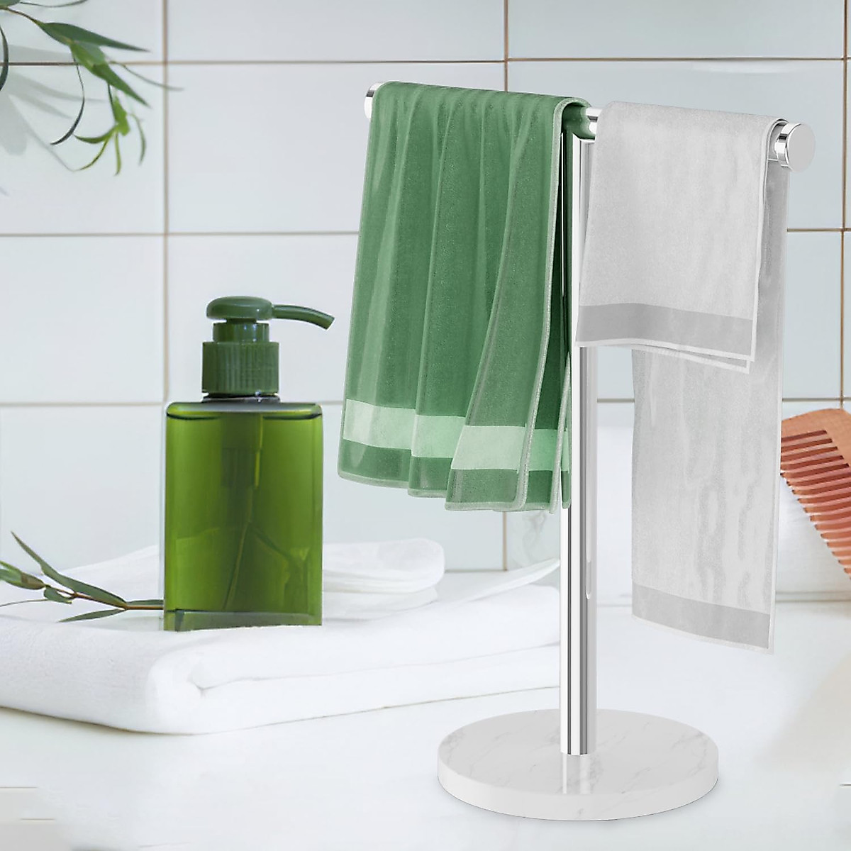 Blemoacha Towel Rack,T Shape Freestanding Towel Racks for Bathroom,Organizer Countertop Hand Towels Stand,Kitchen Vanity Marble Plinth,304 Stainless Steel Towels Bar Brushed Nickel