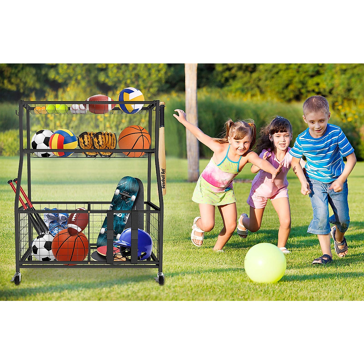 Uboway Sports Equipment Storage Rack: Garage Basketball Organizer for Ball Outdoor Cart