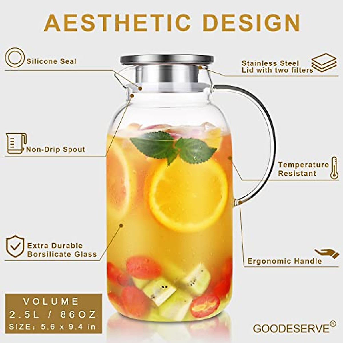 Glass Pitcher - Water Pitcher - Fridge Glass Pitcher with Lid Ice Tea Maker - 86OZ 18/8 Stainless Steel - Easy Clean Heat Resistant Borosilicate Glass Jug for Juice,Milk, Cold or Hot Beverages…