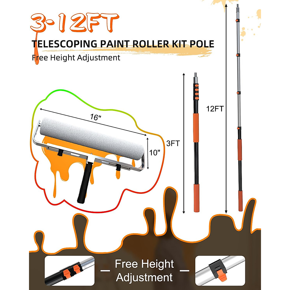 Buyplus 18 Foot High Reach Paint Roller with Lightweight Sturdy Aluminum 3-12FT Telescoping Extension Pole, Multi-Function Paint Roller Kit, House Paint Roller Brush for Walls, Ceiling, Decks, Doors
