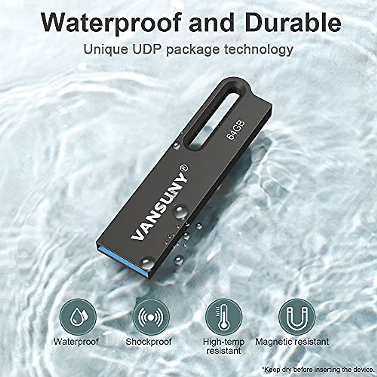 Vansuny 64GB Flash Drive Metal Waterproof USB Drive USB 3.0 Ultra High Speed Memory Stick, Portable Thumb Drive for PC/Tablets/Mac/Laptop