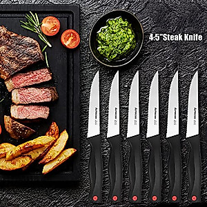 Astercook Steak Knife, Steak Knives Set of 6 with Sheath, Dishwasher Safe High Carbon Stainless Steel Steak Knife with Cover, Black