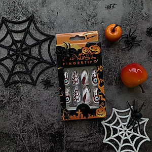 24 Pcs Halloween Press on Nails Almond White Fake Nails Blood stains and Terror Eyeballs Designs Full Cover False Nails with Glossy Stick on Nails for Women