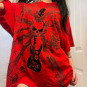 Skull Shirts for Women Teens Girls 2000s Y2k Shirt Tops Fairy Grunge Punk Goth Baggy Graphic Tees Halloween Clothes (Red Guitar, S)