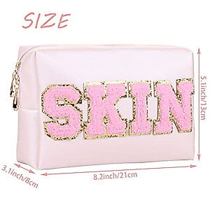 CRUOXIBB Preppy Patch Cosmetic Toiletry Bag for Women SKIN Letters PU Leather Portable Makeup Bag Zipper Pouch Storage Purse Waterproof Organizer for Travel (Shell Gold)