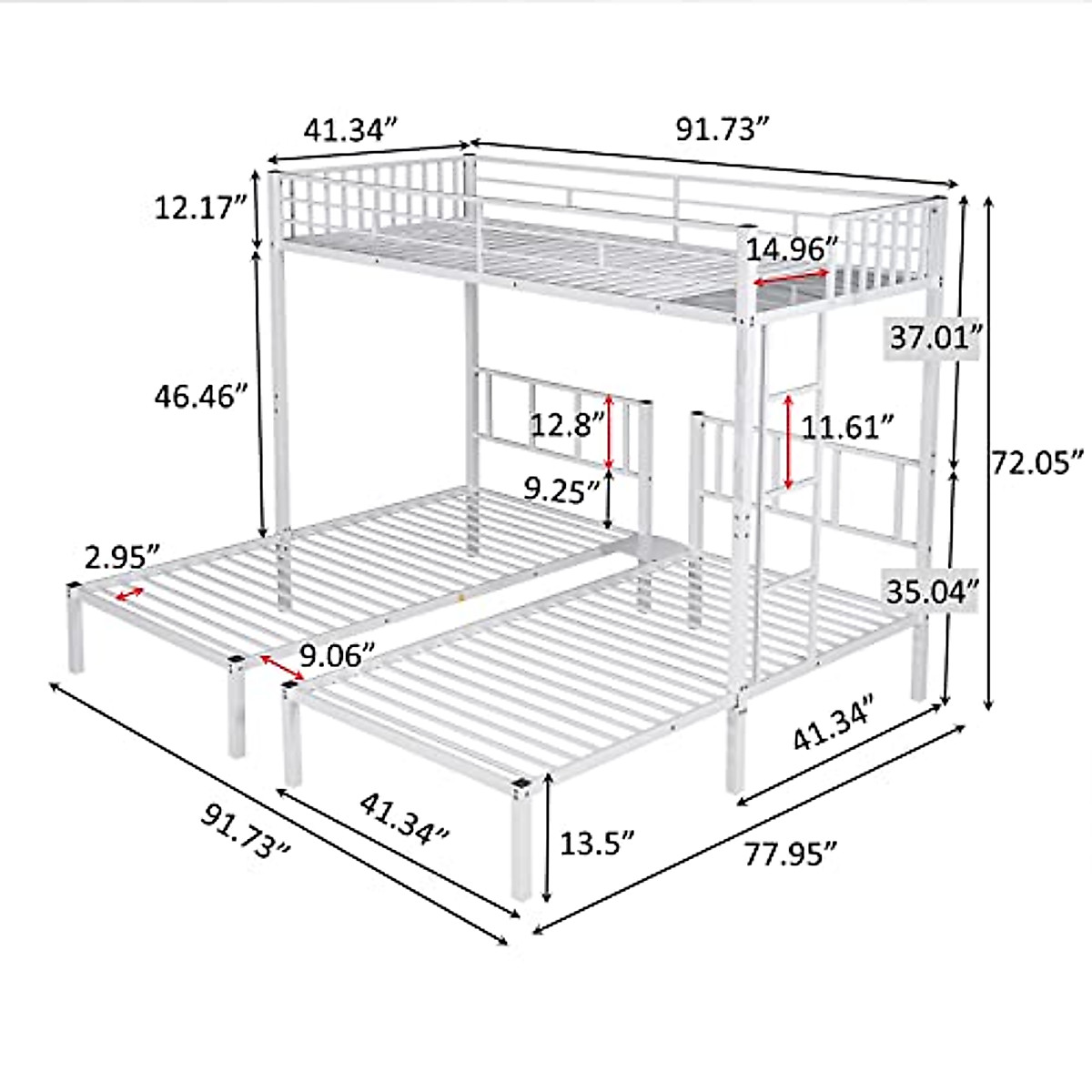 Triple Bunk Bed,Twin Size Triple Bunk Bed with Ladder & Safety Guardrail,Divided into 3 Separate Beds,Metal Structure Bedframe w/Steel Slat Support,Detachable,No Box Spring Needed,Noise Free for Dorm