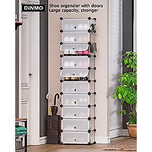 DINMO 10-Tier Shoe Rack with Doors for Entryway, 20 Pairs, Portable Plastic Cubby Shoe Shelves Organizer Unit, DIY Shoe Cabinet, White