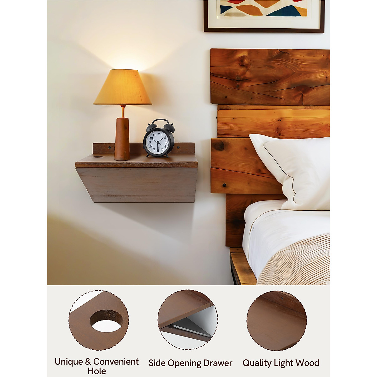 Sivapleso Floating Nightstands Set of 2, with Cable Hole Walnut Color Wood Floating Bedside Table Lightweight Small Wall Mounted Night Stand Hanging for Wall