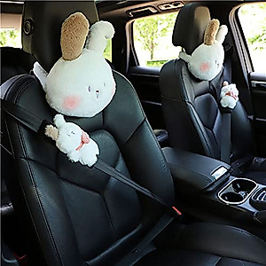 seemehappy Fuzzy Naughty Bunny Car Pillow Headrest Pillow, Fluffy Bunny Seat Belt Should Pad Cover, Cute Auto Accessories for Girls