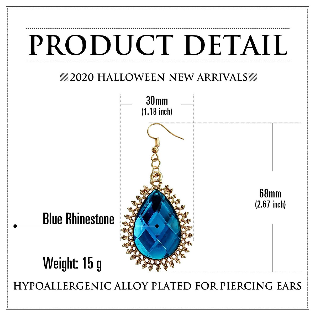 RareLove Gothic Halloween Costumes Princess Blue Rhinestone Teardrop Gold Plated Alloy Vintage Dangle Piercing Earrings For Women