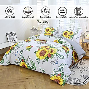 ZRNBAST 3 Pcs Sunflower Comforter Set Queen Size Butterfly Sunflower Floral on White Background, Comforter Bedding Sets Queen Size All Season Bed in A Bag with 1 Comforter 2 Pillowcases