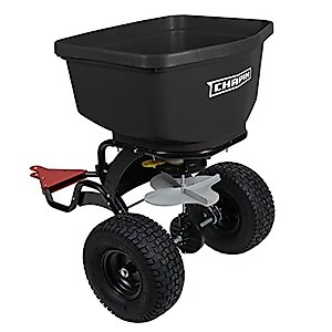 Chapin 8622B Made in The USA 150-Pound Tow and Pull Behind Spreader with Auto-Stop Dual Impeller That Stops When Not Moving, Designed for Farm and Tough Terrain, Hitch Pins, Black