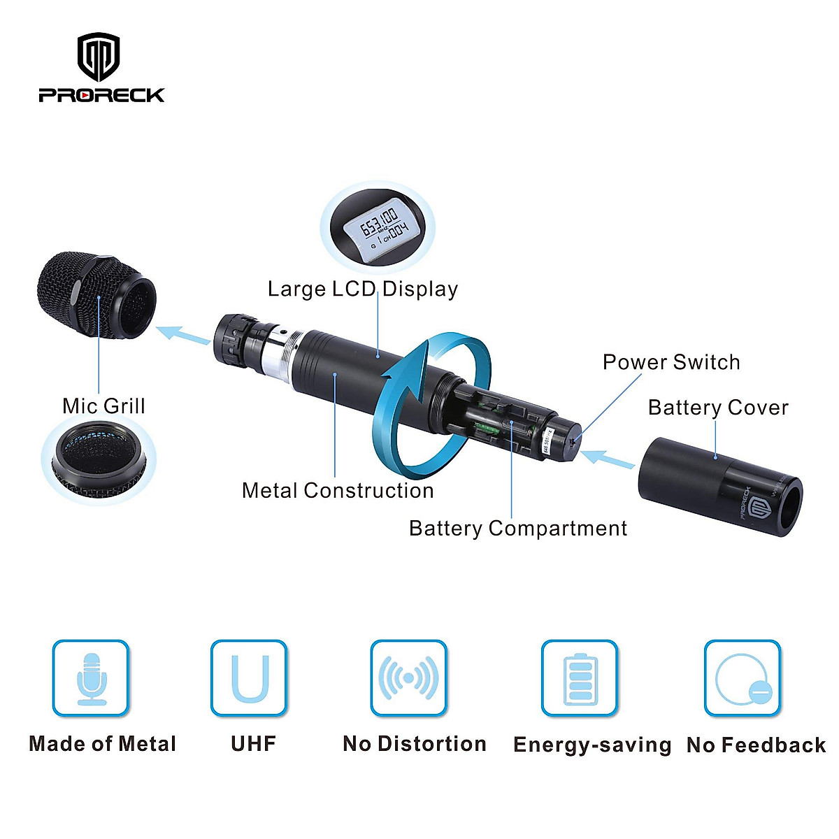 PRORECK MX44 4-Channel UHF Wireless Microphone System with 4 Hand-held Microphones Karaoke Machine for Party/Wedding/Church/Conference/Speech