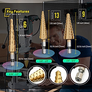 Step Drill Bit for Metal, Step Drill Bit, CORTOOL 3PCS Titanium Unibit Step Drill Bit Set, High Speed Steel Step Drill Bit HSS Quick Change 1/4" Shank,Total 28 Sizes 3/16" -1/2",1/4"-3/4",1/8"-1/2"