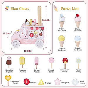 labebe Wooden Baby Walker with Wheels for Girls 12 Months, Baby Push Walker for 1 Year Old Sit to Stand Walker for Baby Girl/Boy, Ice Cream Cart for Kids Age 1-3Y, Toddler Pretend Play Dessert Truck