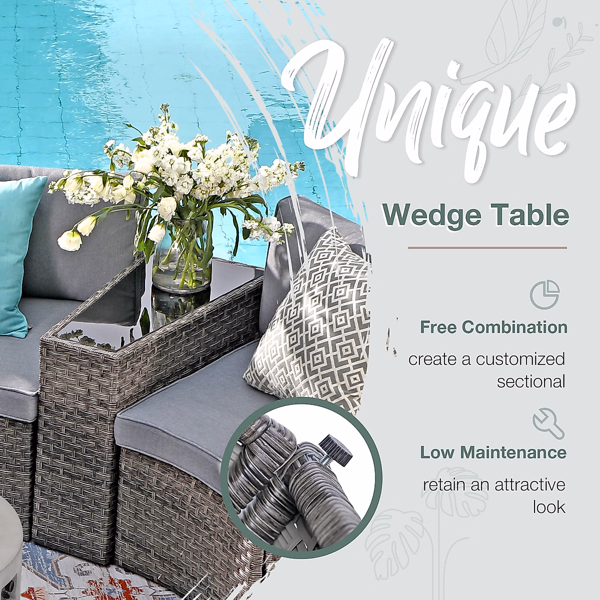 SUNSITT 8 Piece Patio Furniture Set with Propane Fire Pit Half-Moon Curved Patio Set Outdoor Sectional Sofa with 36in Grey Gas Fire Table & Tank Cover, Grey Rattan