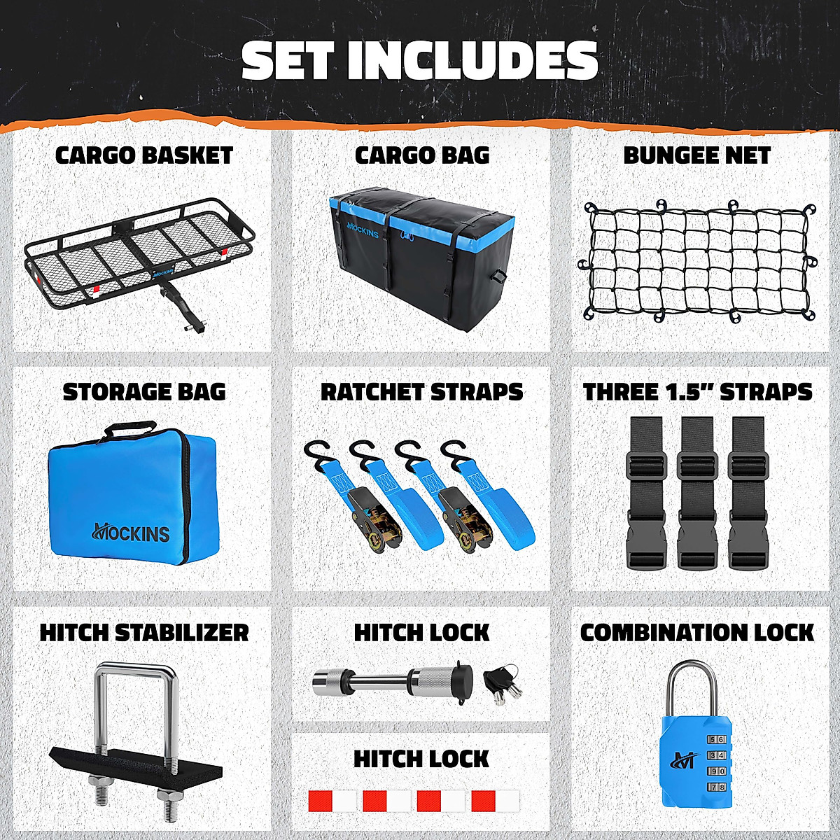 Mockins 60"x24"x6" Folding Trailer Hitch Cargo Carrier w/ 25 CuFt. Soft Vinyl Waterproof Cargo Bag | 500 Lbs. Capacity Car Carrier Cargo Rack & Car Bag Set | Waterproof Truck Bed Storage Accessories