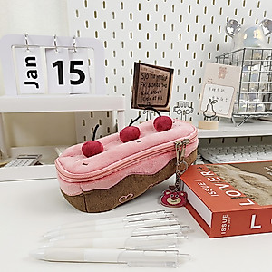 Pink Plush Cherry Cake Pen Bag, Cute Pencil Pouch Stationery Storage Box Kawaii Big Capacity Case Box Pen Holder Lead Pencil Organizer Supplies Pencil Case, Cosmetic Bag (Cherry pencil case)