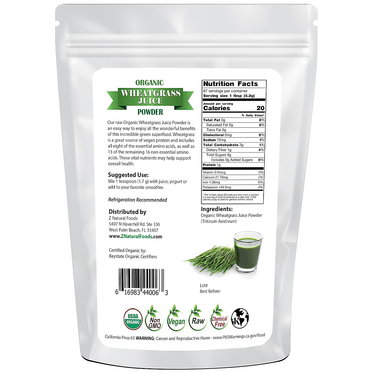 Z Natural Foods Organic Wheatgrass Juice Powder, Superfood Powder for Healthy Aging and Digestion, Ideal for Juice, Yogurt, and Smoothies, Non-GMO, Vegan, Kosher, 1 lb.