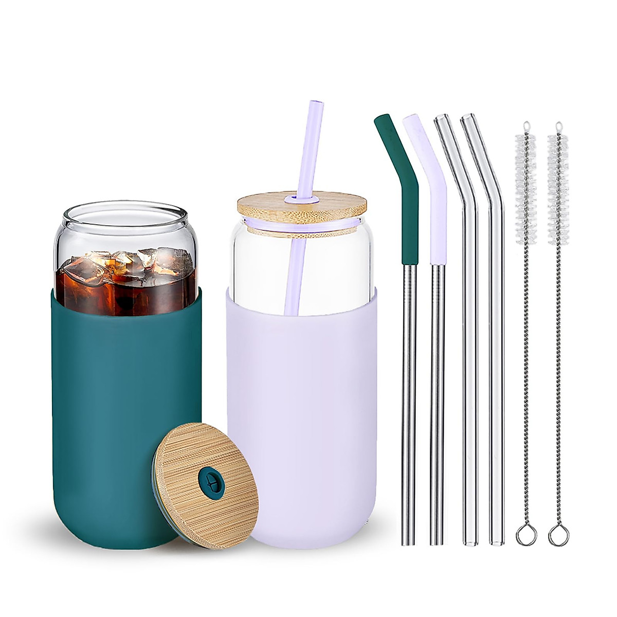 WillCome 20oz Glass Cups with Lids and 3 Types of Straws,Beer Can Shaped Glass Tumbler with Protective Sleeve,Cute Iced Glass Coffee Cup,Drinking Glasses for Smoothie,Beer,Gift,2Pack Green Purple