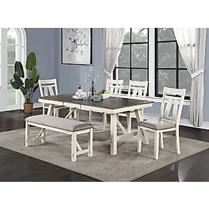 Dining Room Furniture 6pc Dining Set Table w Leaf and 4X Side Chairs 1x Bench Gray Fabric Cushion Seat White Clean Lines Wooden Table Top