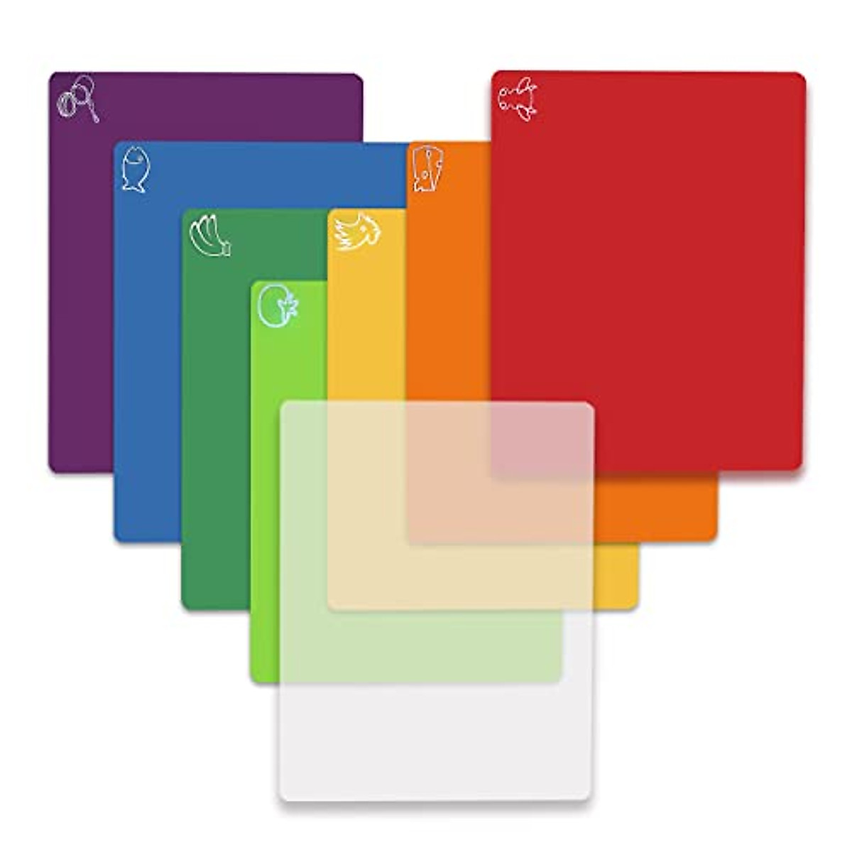 Cutting Board Mats Flexible Plastic Colored Mats with Food Icons, Fotouzy BPA-Free, Non-Porous, Anti-skid back and Dishwasher Safe, Set of 7+1