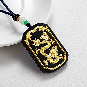 Natural Nephrite Jade Dragon Necklace Pendant Inlaid with 22K Gold Good Luck Charm Jade Jewelry(Dragon)