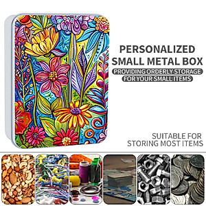 ETLKJVBL Metal Tin Box Sturdy Metal Storage Box with Lid, Large Container Holder for TCG Cards,Car Keys,Cookies,Tin Containers for Gift,5.0x3.7x1.6 Inch,Exquisite Pattern Design(Colorful Flowers)