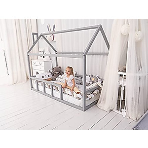 BUSYWOOD Montessori Twin House Bed - Toddler Floor Bed Frame - Kids Furniture - Indoor Playroom - Floor Bed House - Montessori Bed for Toddlers (Model 2, Grey, Floor Bed)