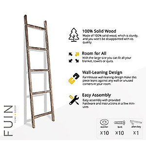 FUIN 6.3 Ft (76") Rustic Blanket Ladder Holder Farmhouse Wood Decorative Wall Leaning Quilt Towel Display Bathroom Rack, Light Brown