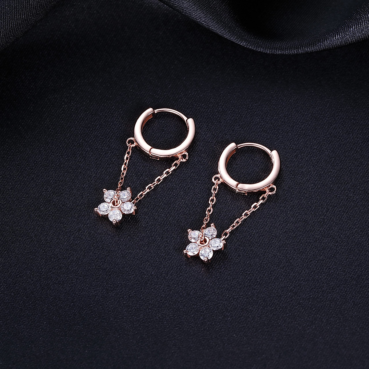 Reffeer 925 Sterling Silver Flower Chain Drop Earrings Hoop for Women Teen Girls Huggie Hoop Dangle Earrings Chain (C-Rose)