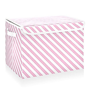 CaTaKu Pink Stripes Storage Bins with Lids and Handles, Fabric Large Storage Container Cube Basket with Lid Decorative Storage Boxes for Organizing Clothes