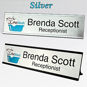 2" x 8" Personalized Aluminum Name Plates, Custom Office Desk or Wall Name Plates, Can Add Custom Logo Image and Texts, Two Name Plates Colors Silver, White, Holders are Optional (Custom Image+Text)