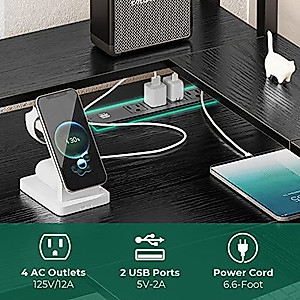 Huuger L Shaped Desk Gaming Desk with LED Lights & Power Outlets, Computer Desk with Storage Shelves, Corner Desk Home Office Desks for Bedroom, Black