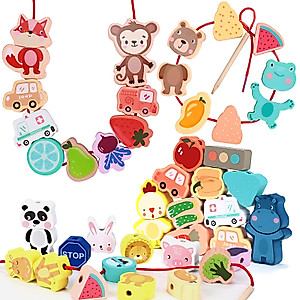 57 PCS Lacing Beads Wooden Primary String Threading Beads Animals Fruits Lacing Toy Preschool Fine Motor Skills Montessori Educational Toy for 3 4 5 6 7 8 Years Old Kids Boys Girls