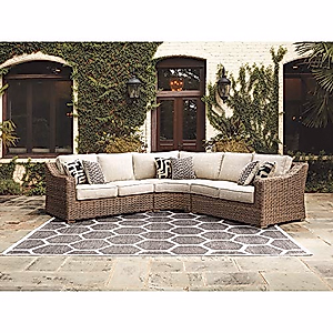 Signature Design by Ashley Beachcroft Farmhouse Outdoor Patio Wicker Curved Corner Chair, Beige