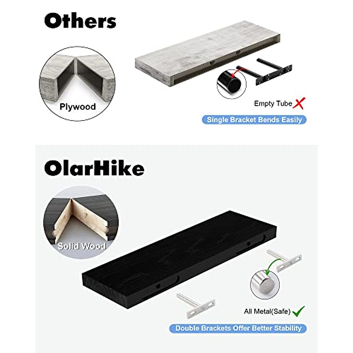 OlarHike Floating Shelves,Black Wall Mounted Solid Wood Books/Cat/Storage/Fake Plant Shelves,Wall Shelves for Home Room Bedroom Decor,Shelf for Bathroom Living Room Kitchen,16inch