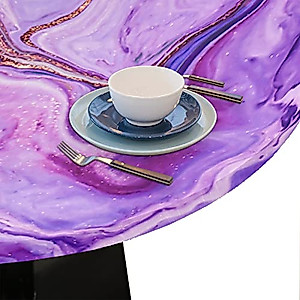 Purple Marble Fitted Tablecloth, Abstract Cute Elastic Edge Round Tablecloth Cover Fit Table 36-42 Inch Diameter, Waterproof Stain Resistant Polyester Tablecloth for Kitchen Dining Picnic Party