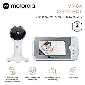 Motorola Baby Monitor - VM64-4.3" WiFi Video Baby Monitor with Camera HD 1080p - Connects to Smart Phone App, 1000ft Long Range, 2-Way Audio, Remote Pan-Tilt-Zoom, Room Temp, Lullabies, Night Vision