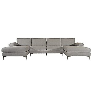Casa Andrea Milano Modern Large Tweed Fabric U-Shape Sectional Sofa, Double Extra Wide Chaise Lounge Couch, Light Grey