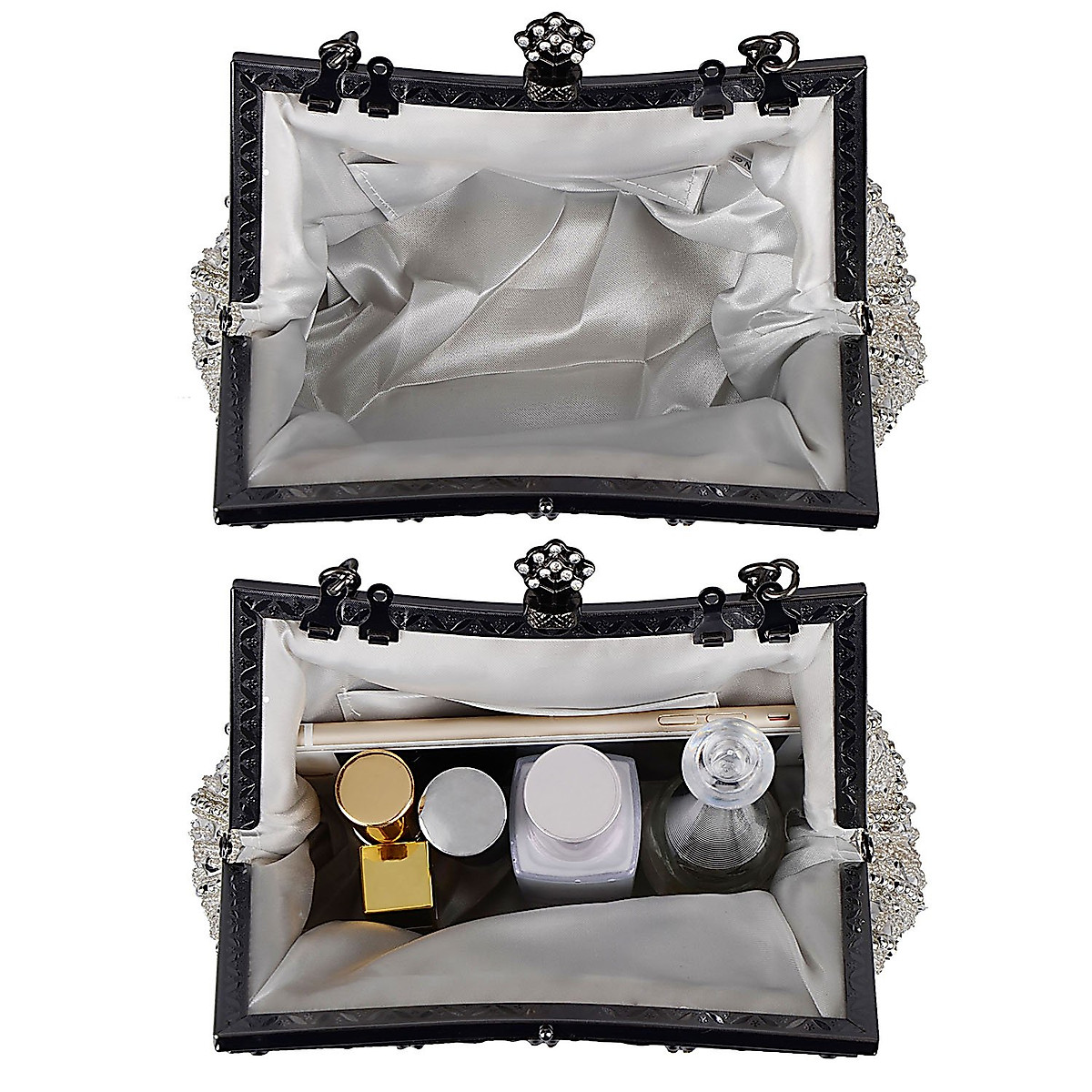 Fashion Vintage Style Handbag Beaded Sequined Evening Bag Wedding Party Handbag Rhinestone Clutch Purse (Silver)