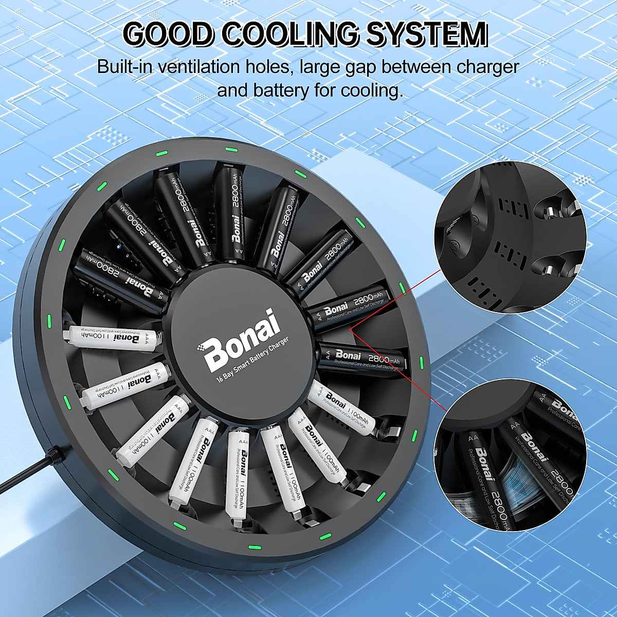 BONAI 16 Bay Battery Charger AA AAA with Rechargeable AA Batteries and Rechargeable AAA Batteries, Ni-Mh Rechargeable Batteries with Charger(Round-Design)