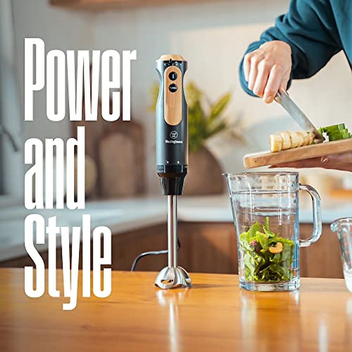 Westinghouse Scandinavian Design Immersion Blender, 500W w/ 5-Speed Precision Control, Turbo Mode, & Detachable Shaft - For Shakes, Smoothies, Soups, Puree, & More - Black w/Wood Finish, One Size