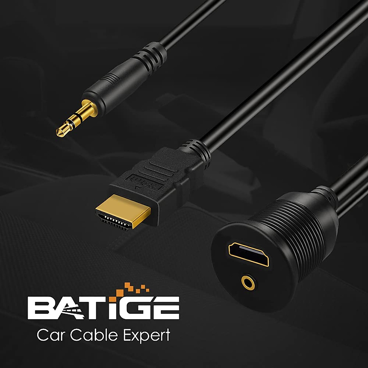 BATIGE HDMI & 3.5mm Male to Female 3.5mm + HDMI Car Mount Flush Extension Cable with Mounting Panel - 3ft