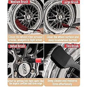 ESEWALAS 4 Pack Car Detailing Brushes,Car Wheel Brush Set, Car Cleaning Brush Kit Include 2X Soft Wheel Cleaning Brush,Detailing Brush and Stiff Tire Brush,Wheel Cleaner Brush