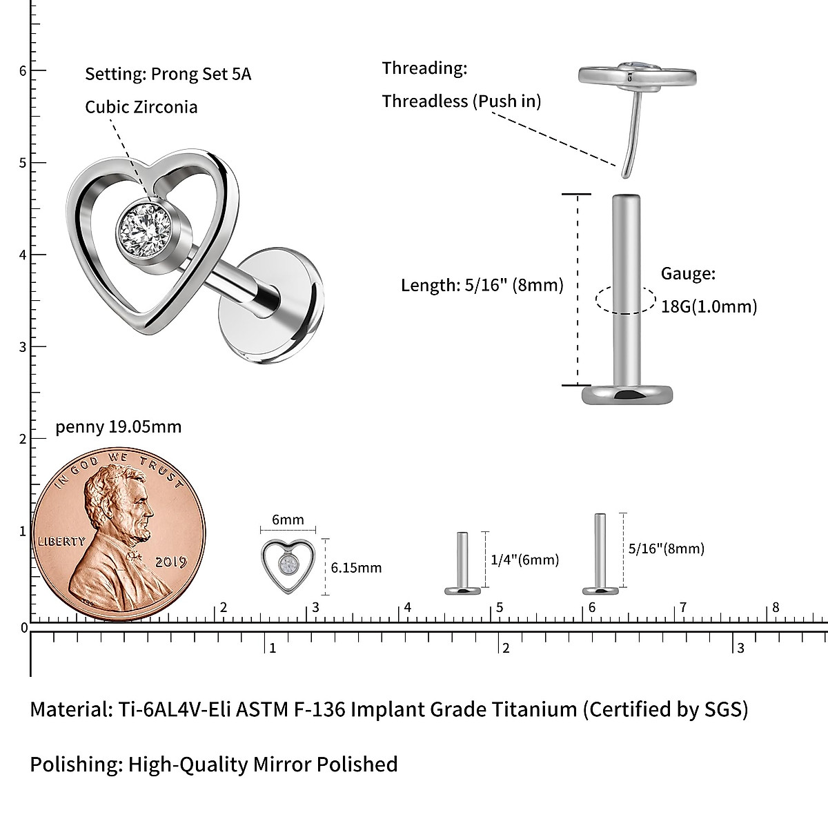 FINE4U Threadless Flat Back Earrings Stud Titanium 18G 6mm 8mm - ASTM F136 Titanium Heart Cartilage Earring for Conch, Helix, Tragus, Flat, Lobe